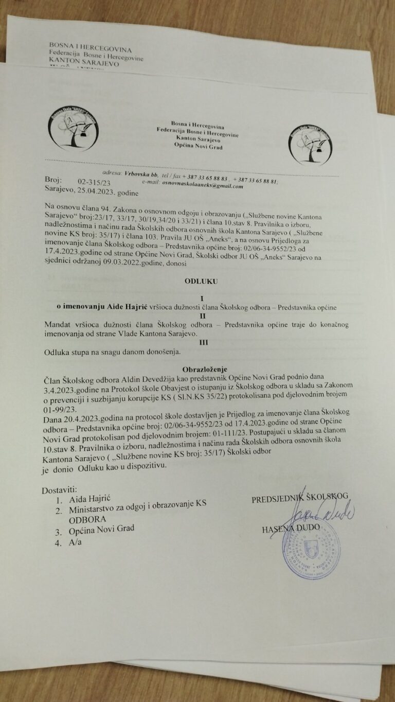 Školski odbor – JU OŠ "Aneks" Sarajevo